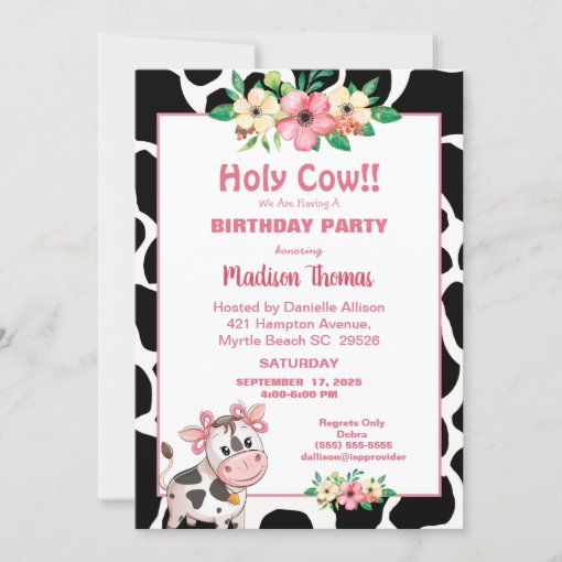 Floral Cow Print Girls Birthday Party Invitation | Zazzle