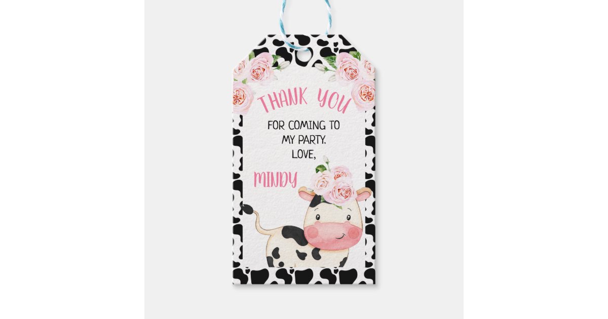 Floral Cow with Cow Print Birthday Favor tag | Zazzle