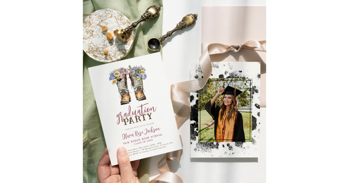 Floral Cowboy Boots Western Graduation Party Invitation | Zazzle
