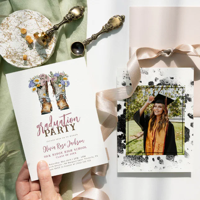 Floral Cowboy Boots Western Graduation Party Invitation | Zazzle