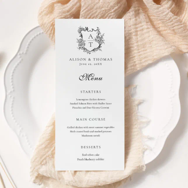 Floral Crest Monogram Wedding Flat Menu | Zazzle