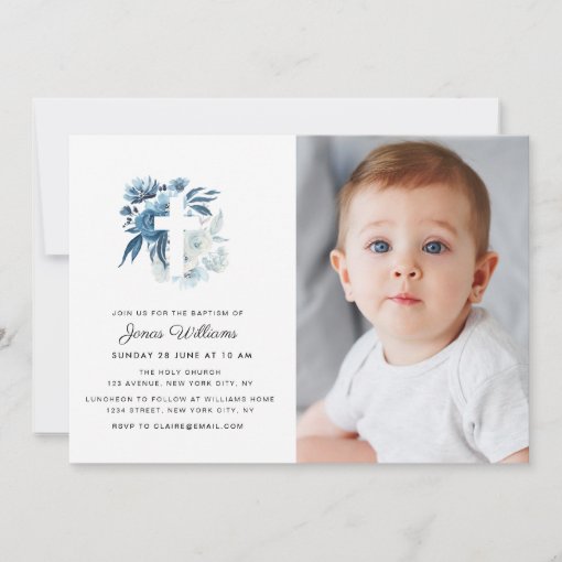 floral cross Baptism photo invitation | Zazzle