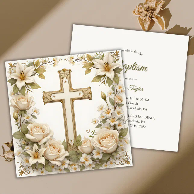 Floral Cross Catholic Baptism Christening Invitation | Zazzle