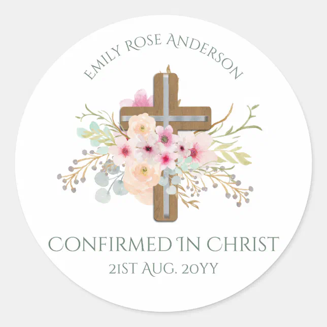 Floral Cross Confirmation Stickers Personalized | Zazzle