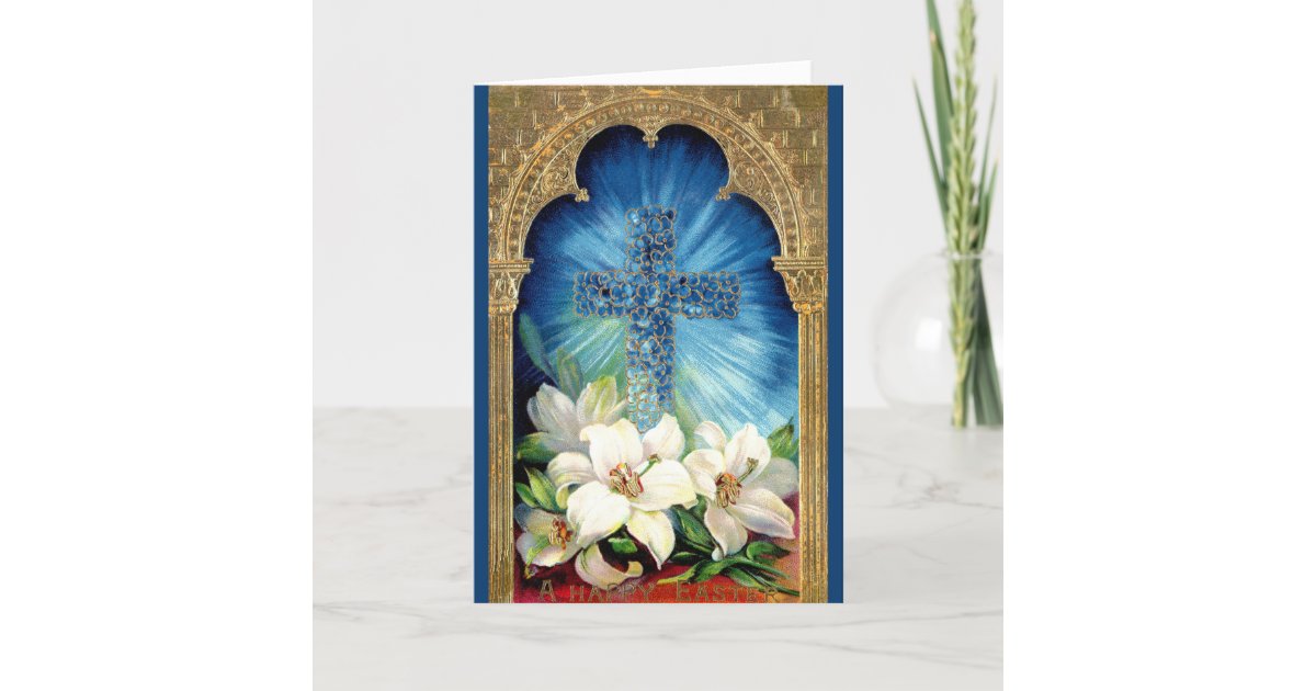 Floral Cross Easter Card Blue & Gold | Zazzle