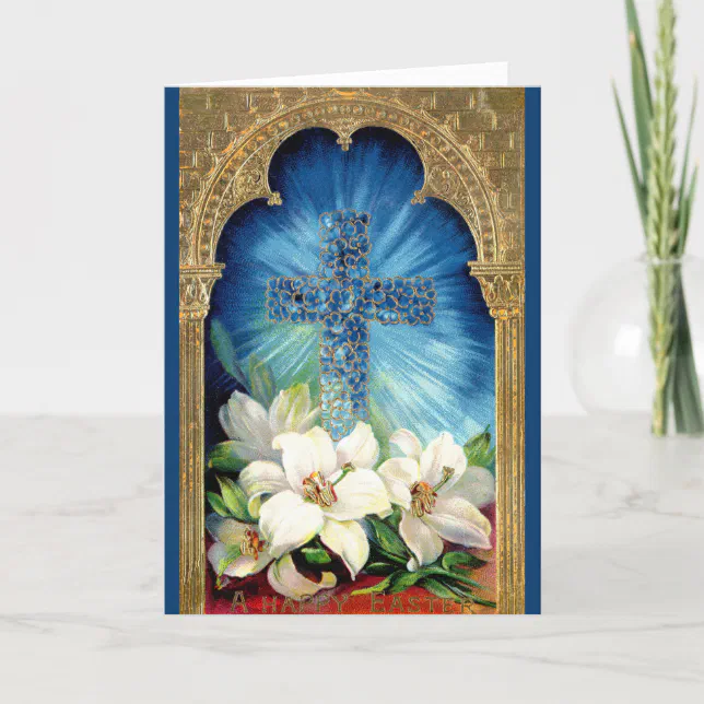 Floral Cross Easter Card Blue & Gold | Zazzle