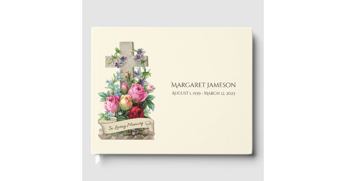 Floral Cross In Loving Memory Funeral Guest Book | Zazzle