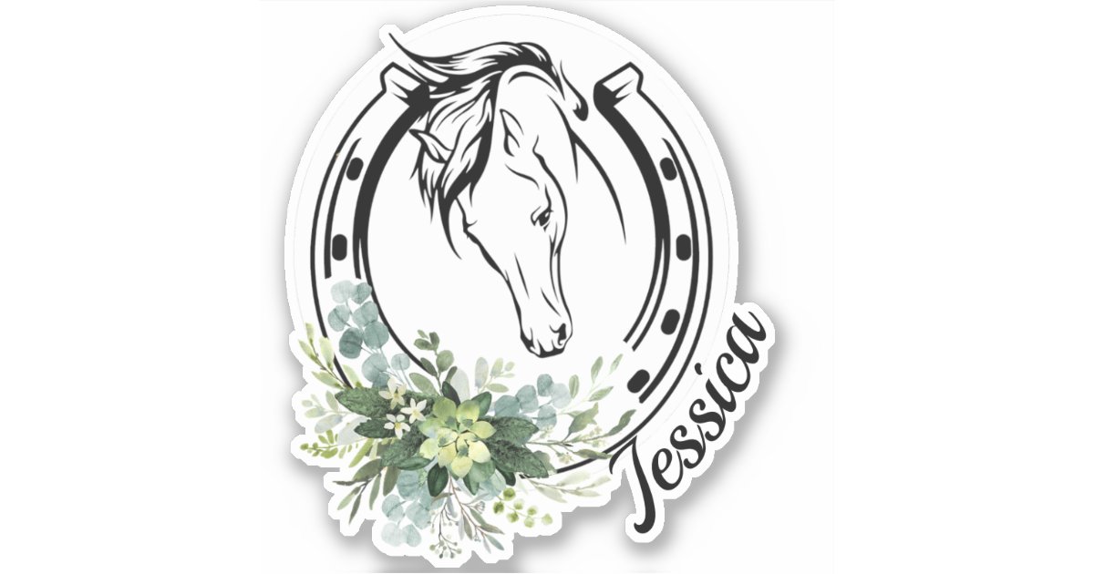 Floral Custom Name Horse Equestrian Horseshoe Sticker | Zazzle