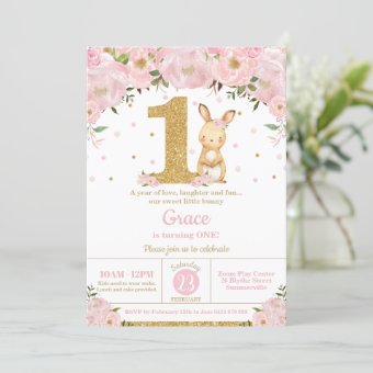 Floral Cute Bunny Rabbit Girl 1st Birthday Party Invitation | Zazzle