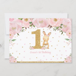 Floral Cute Bunny Rabbit Girl 1st Birthday Photo Invitation | Zazzle