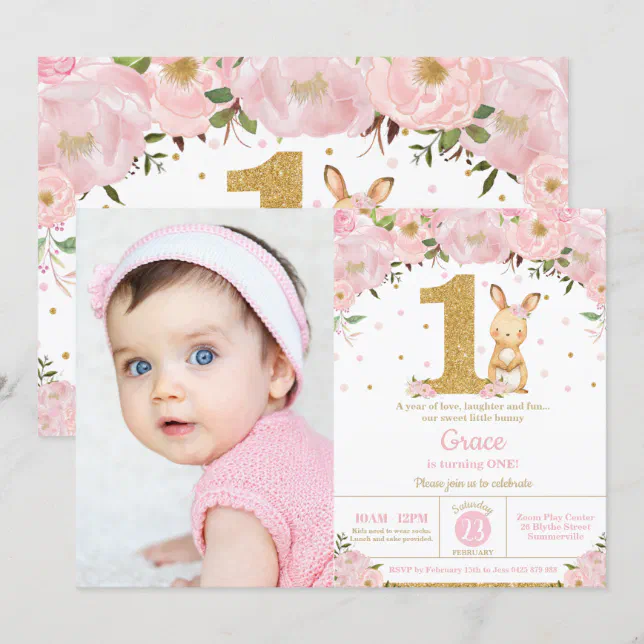 Floral Cute Bunny Rabbit Girl 1st Birthday Photo Invitation | Zazzle