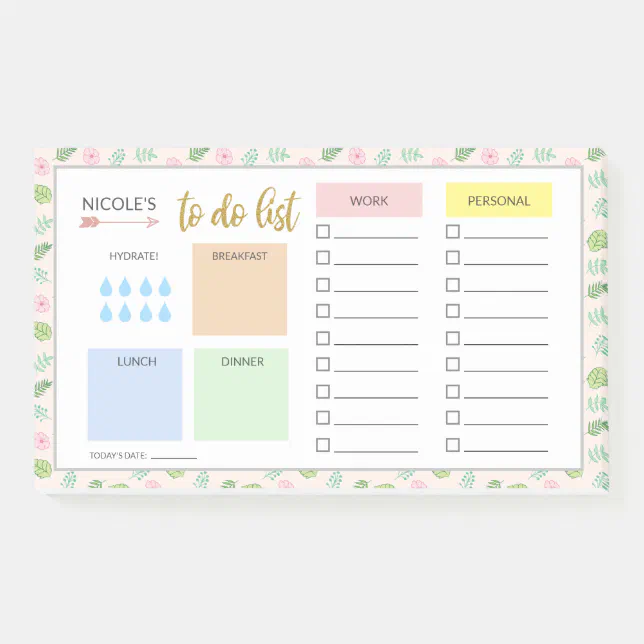Floral Daily Organizer - Hydrate - To Do List Post-it Notes | Zazzle