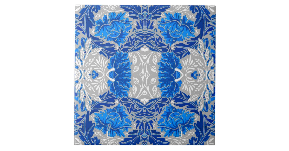 Floral Damask, Sapphire Blue and Gray Ceramic Tile | Zazzle