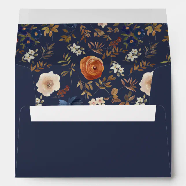 Floral Dark Moody Navy Blue Rust Wedding Envelope | Zazzle