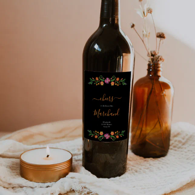 Floral Day of the Dead Bridal Shower Wine Label | Zazzle