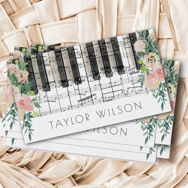 floral decor pianist music teacher business card | Zazzle