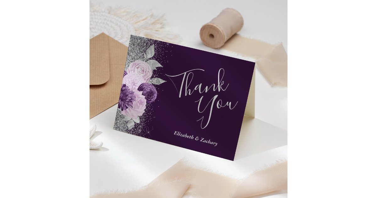Floral Deep Purple Silver Wedding Thank You Card | Zazzle