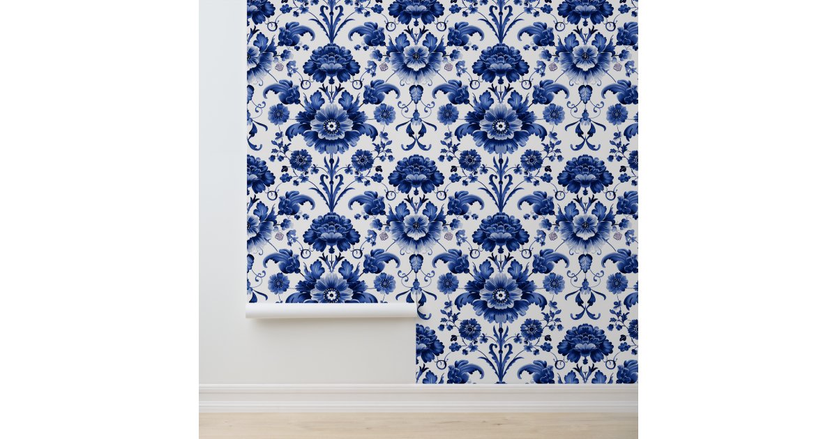 Floral Delft Blue Wallpaper | Zazzle