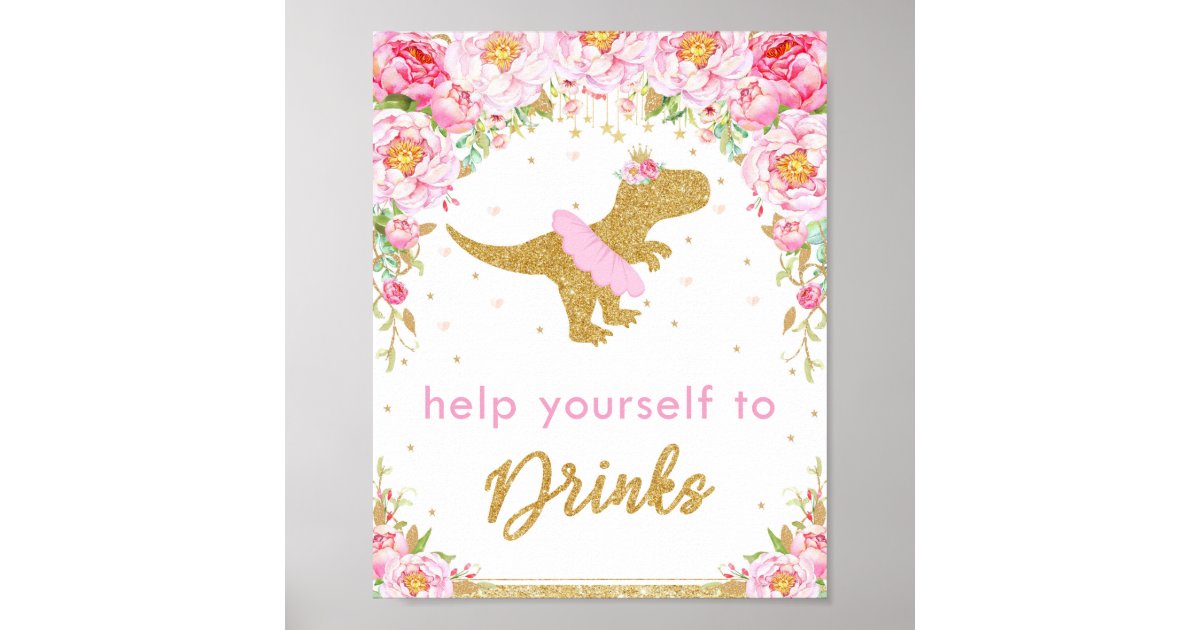 Floral Dinosaur Birthday Party T-Rex Drinks Sign | Zazzle