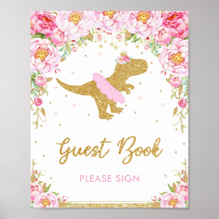 Floral Dinosaur Birthday Party T-Rex Guest Book | Zazzle