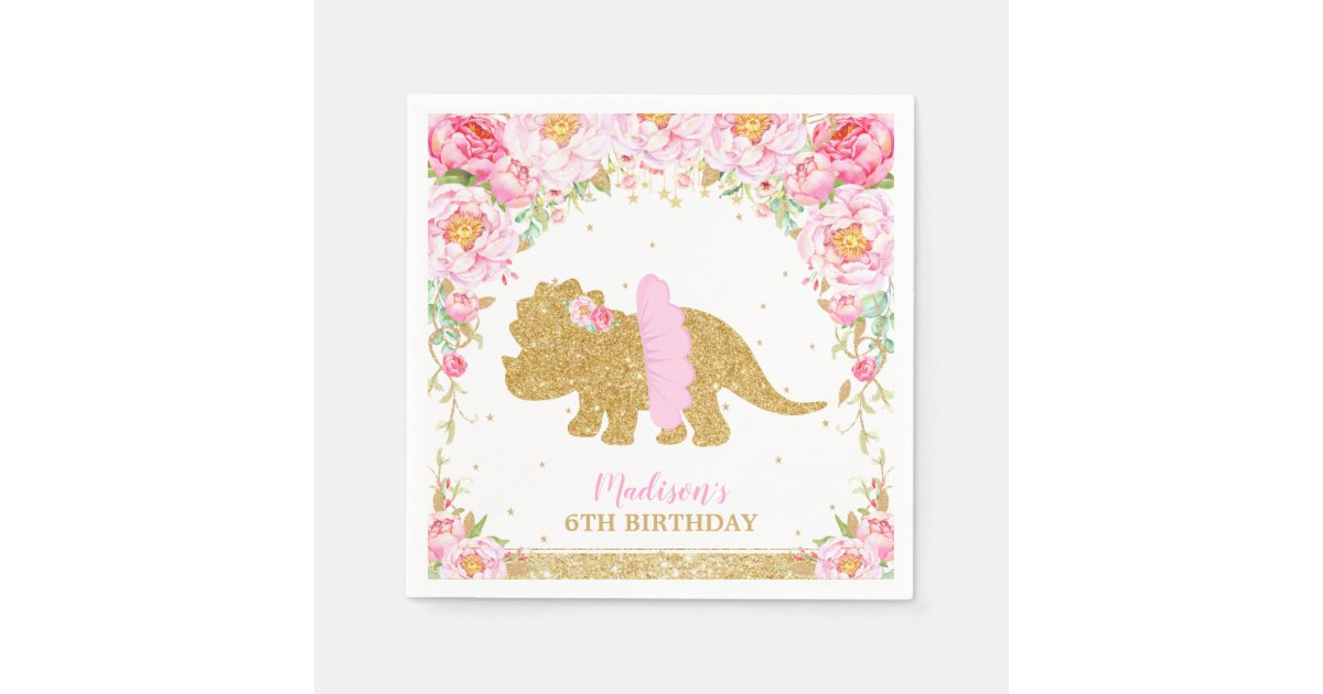 Floral Dinosaur Birthday Pink Tutu Triceratops Napkins | Zazzle