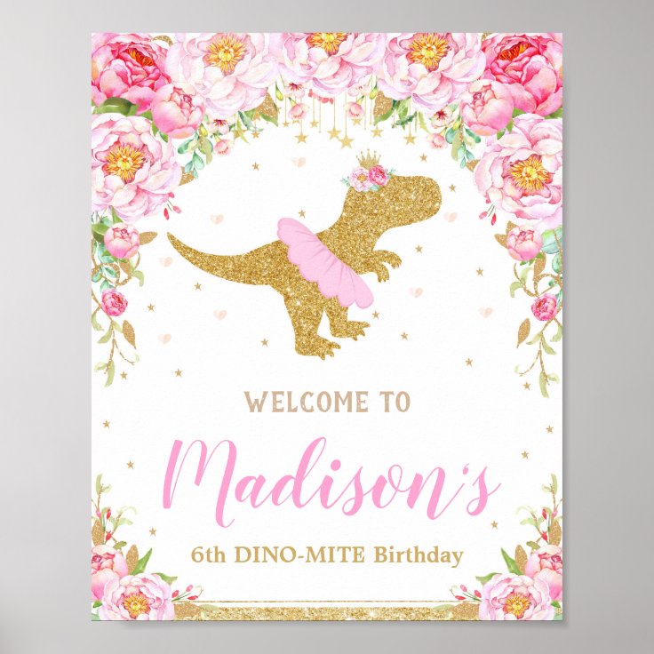 Floral Dinosaur Welcome Birthday Sign Banner T-rex | Zazzle