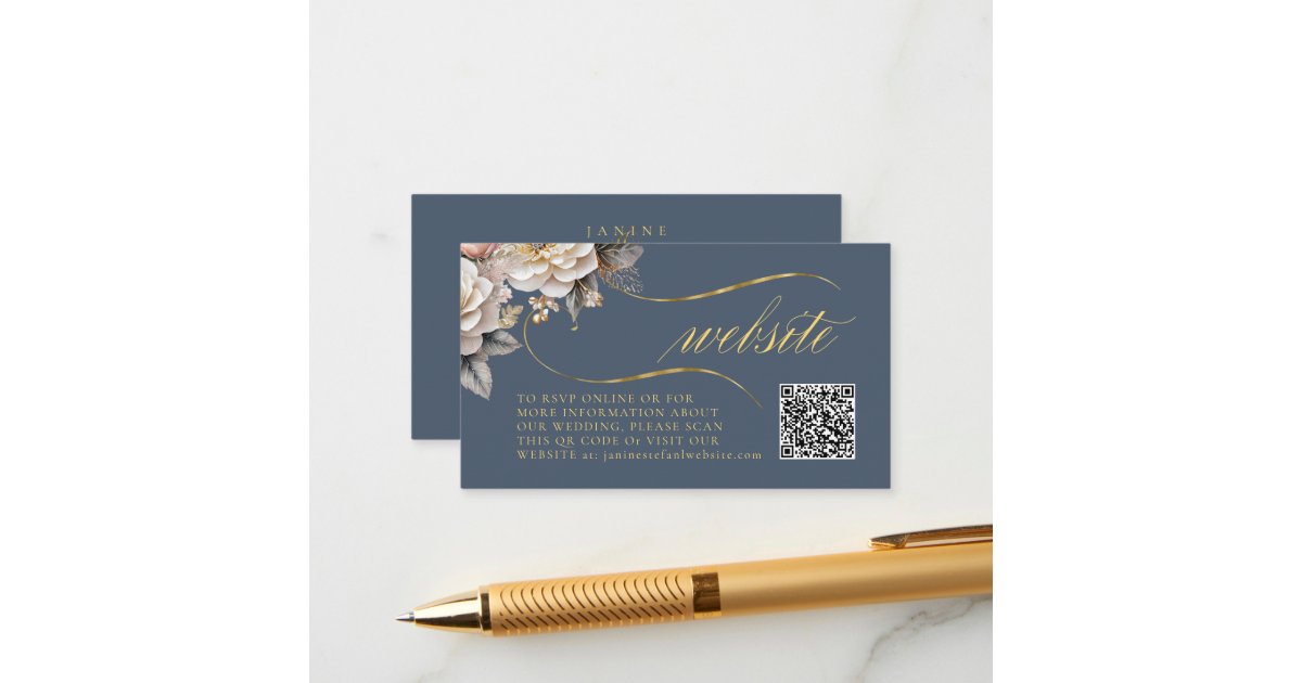 Floral Drama Wedding QR Code Blue ID1022 Enclosure Card | Zazzle