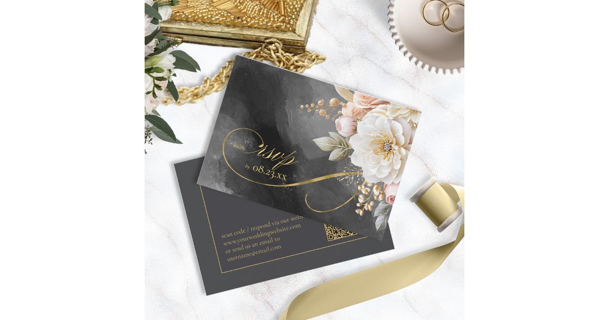 Floral Drama Wedding QR Code Charcoal ID1022 RSVP Card | Zazzle