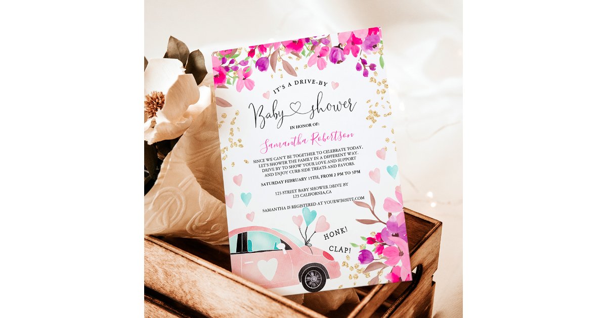 Floral Drive by baby shower car watercolor hearts Invitation | Zazzle