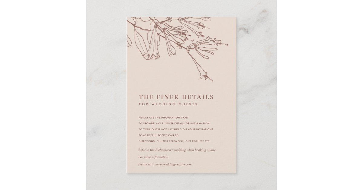 FLORAL DUSKY BLUSH LINE DRAWING WEDDING DETAIL ENCLOSURE CARD | Zazzle