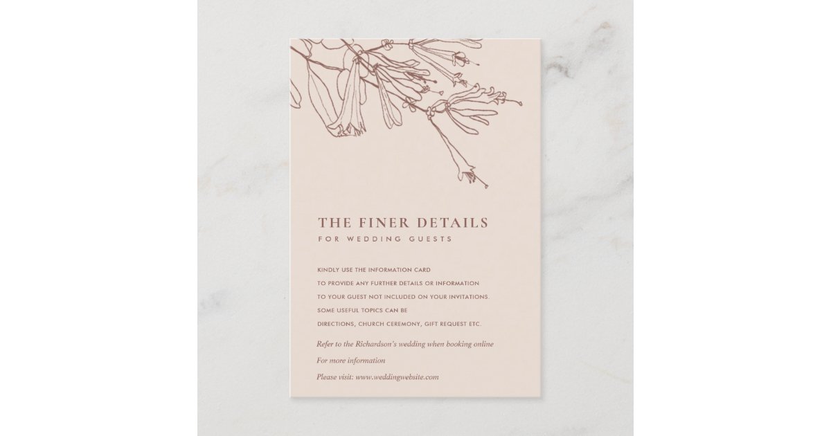 FLORAL DUSKY BLUSH LINE DRAWING WEDDING DETAIL ENCLOSURE CARD | Zazzle