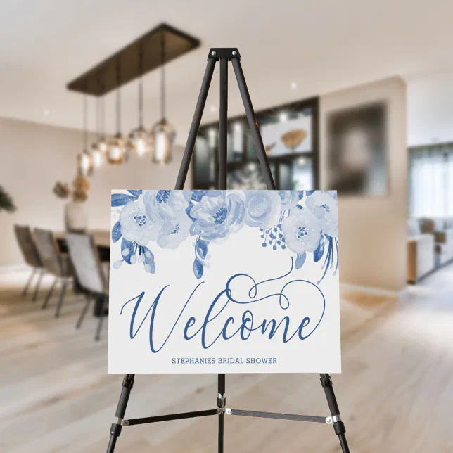 Floral Dusty Blue Calligraphy Welcome Easel Sign | Zazzle