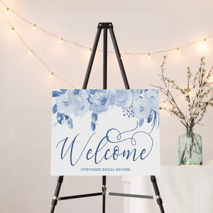 Floral Dusty Blue Calligraphy Welcome Easel Sign | Zazzle