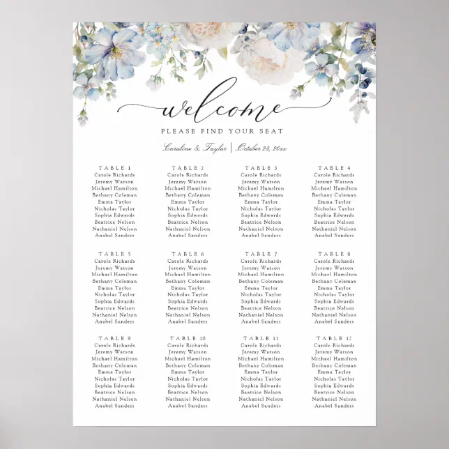 Floral Dusty Blue Elegant Wedding Seating Chart | Zazzle