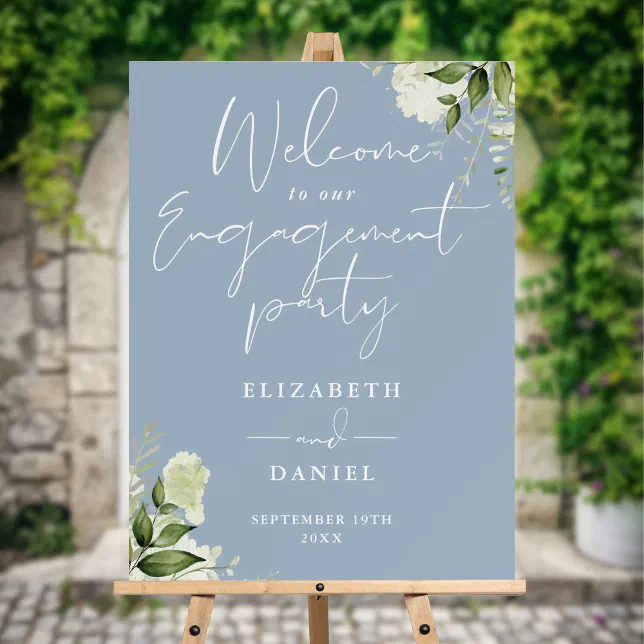 Floral Dusty Blue Engagement Party Welcome Sign | Zazzle