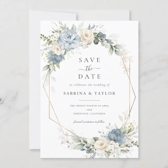 Floral Dusty Blue Greenery Wedding Save The Date Invitation | Zazzle