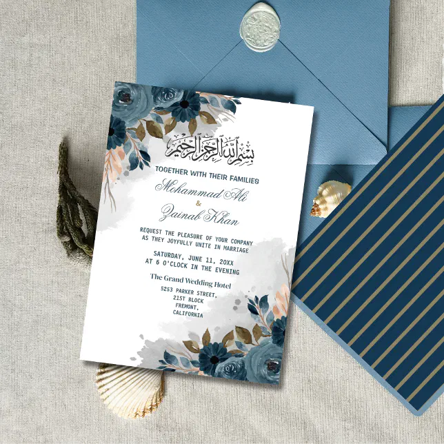 Floral Dusty Blue Walima Islamic Wedding Invitation | Zazzle
