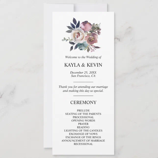 Floral Dusty Rose Mauve Navy Blue Wedding Ceremony Invitation | Zazzle