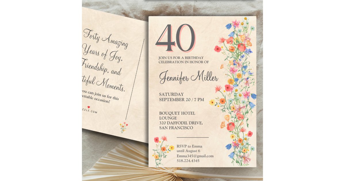 Floral Elegant 40th Birthday, Wildflowers 40 Years Invitation Postcard ...
