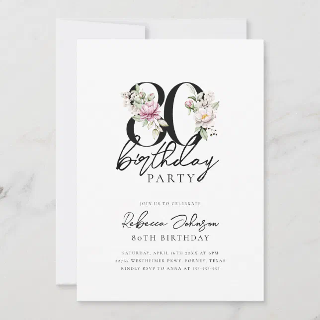 Floral Elegant 80th Birthday Invitation | Zazzle