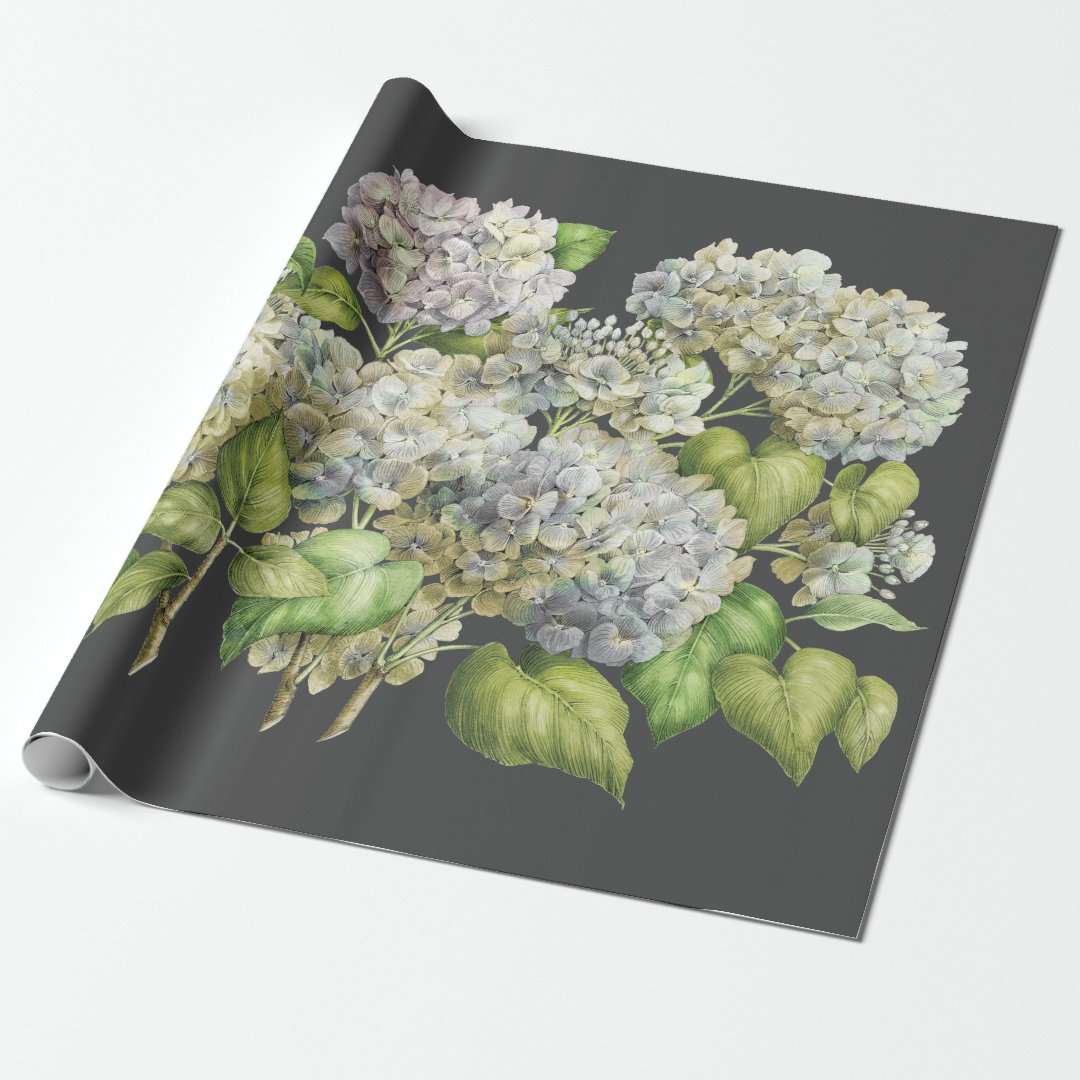 Floral Elegant Blue Hydrangea Black Decoupage Wrapping Paper | Zazzle