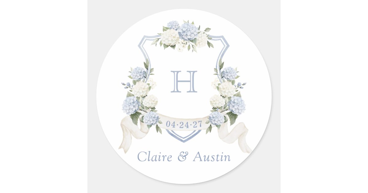 Floral Elegant Blue Hydrangea Crest Envelope Classic Round Sticker | Zazzle