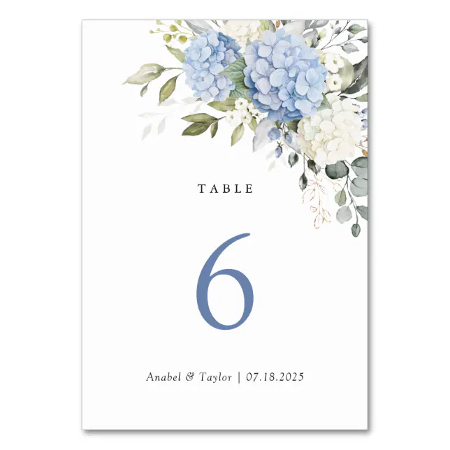 Floral Elegant Blue Hydrangea Greenery Wedding Table Number | Zazzle