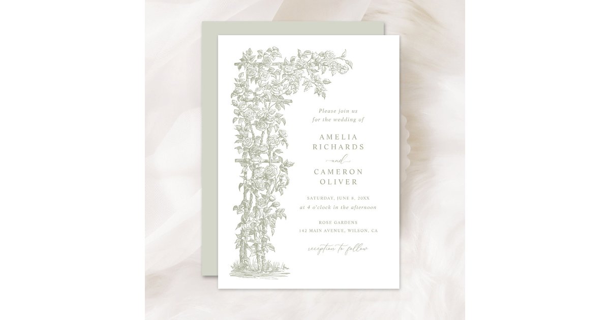 Floral Elegant French Roses Trellis Sage Wedding Invitation | Zazzle