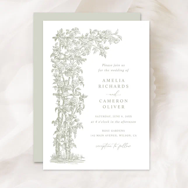 Floral Elegant French Roses Trellis Sage Wedding Invitation | Zazzle