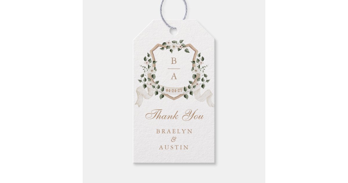 Floral Elegant Greenery Ivy Crest Thank You Gift Tags | Zazzle