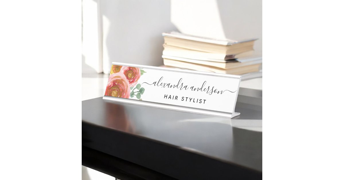 Floral Elegant Modern Watercolor Pastel Blush Pink Desk Name Plate | Zazzle
