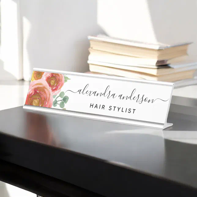 Floral Elegant Modern Watercolor Pastel Blush Pink Desk Name Plate | Zazzle