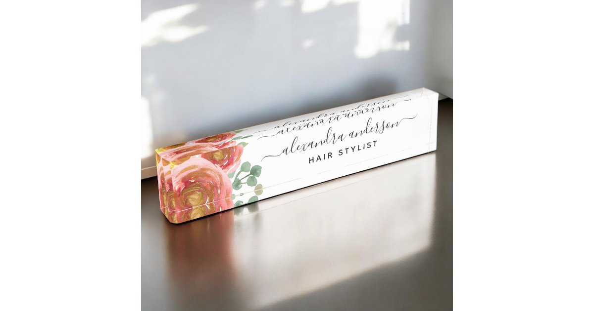 Floral Elegant Modern Watercolor Pastel Blush Pink Desk Name Plate | Zazzle