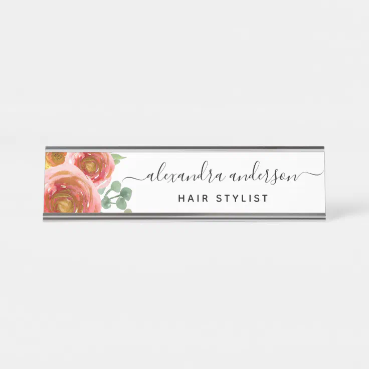 Floral Elegant Modern Watercolor Pastel Blush Pink Desk Name Plate | Zazzle
